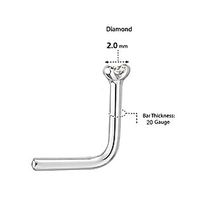 CTIEIP 14K White Gold 0.03 carat Natural Diamonds L-Shaped Nose Ring for Women,20 Gauge（I2-I3 Clarity）