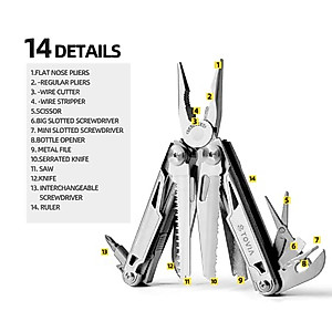 T TOVIA Multitool Pliers, 14 in 1 Stainless Steel Foldable Pliers Pocket Knife with Screwdriver, Bottle Opener, Light, Scissors, with Canvas Bag for Outdoor Survival Camping Simple Repair