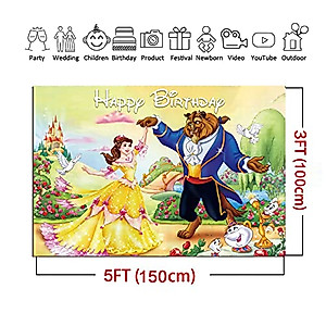Beauty and The Beast Happy Birthday Theme Photography Backdrops Children Boys or Girls Birthday Party Photo Background 5X3FT Cake Table Banner Beauty and The Beast Engagement Party Decor Supplies