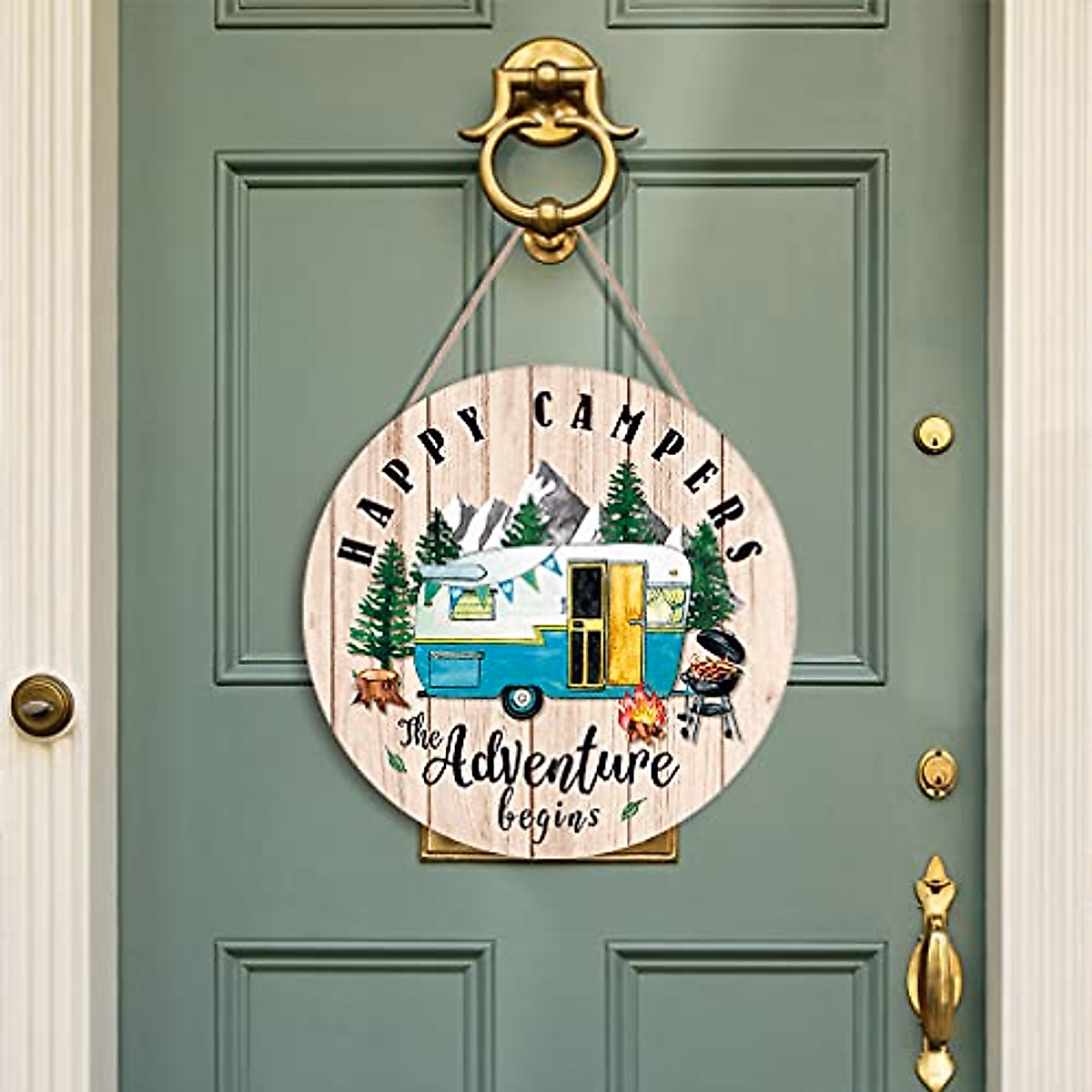 TOARTi Happy Campers Wood Hanging Sign Plaque, Summer Outdoor Adventure Quote Wooden Door Hanger, Round Tent Camping Wall Art for Campers Travel Home Garden Decor (12''x12'')