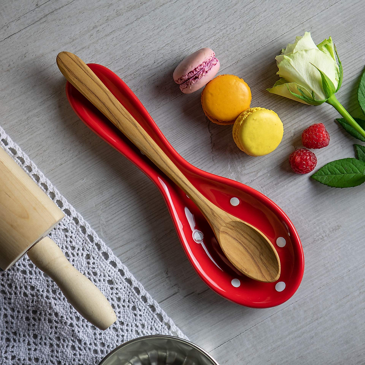Handmade Red and White Polka Dot Ceramic Kitchen Cooking Spoon Rest | Pottery Utensil Holder | Housewarming Gift by City to Cottage®