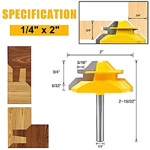 Newdeli 45 Degree Lock Miter Router Bit 3-Piece Set, for 1/2”, 5/8”, 3/4” Cutting Height, 1/4 Inch Shank. Easy to Create Lock Miter Joint