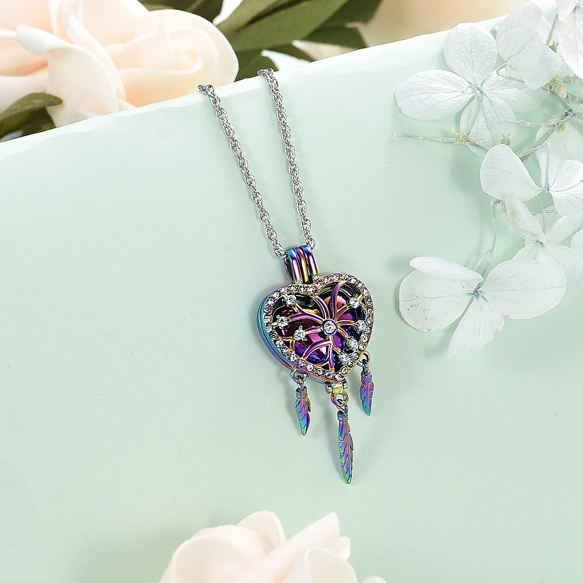 shajwo Dream Catcher Urn Necklace Heart Cremation Jewelry for Ashes for Women Men Angel Wing Flower Memorial Hollow Pendant,Full Rainbow