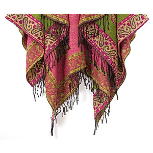 Women's Fashionable Retro Style Vintage Pattern Tassel Poncho Shawl Cape (series 2-Green)