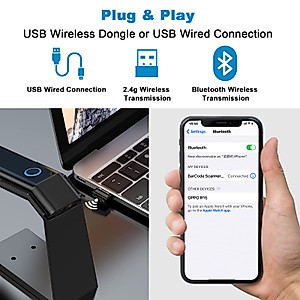 2D Barcode Scanner with Stand, Compatible with Bluetooth & 2.4G Wireless & Wired Code Scanner, USB Image Bar Code Reader for Laptops, Computers, Cashier,iPhone iPad Android