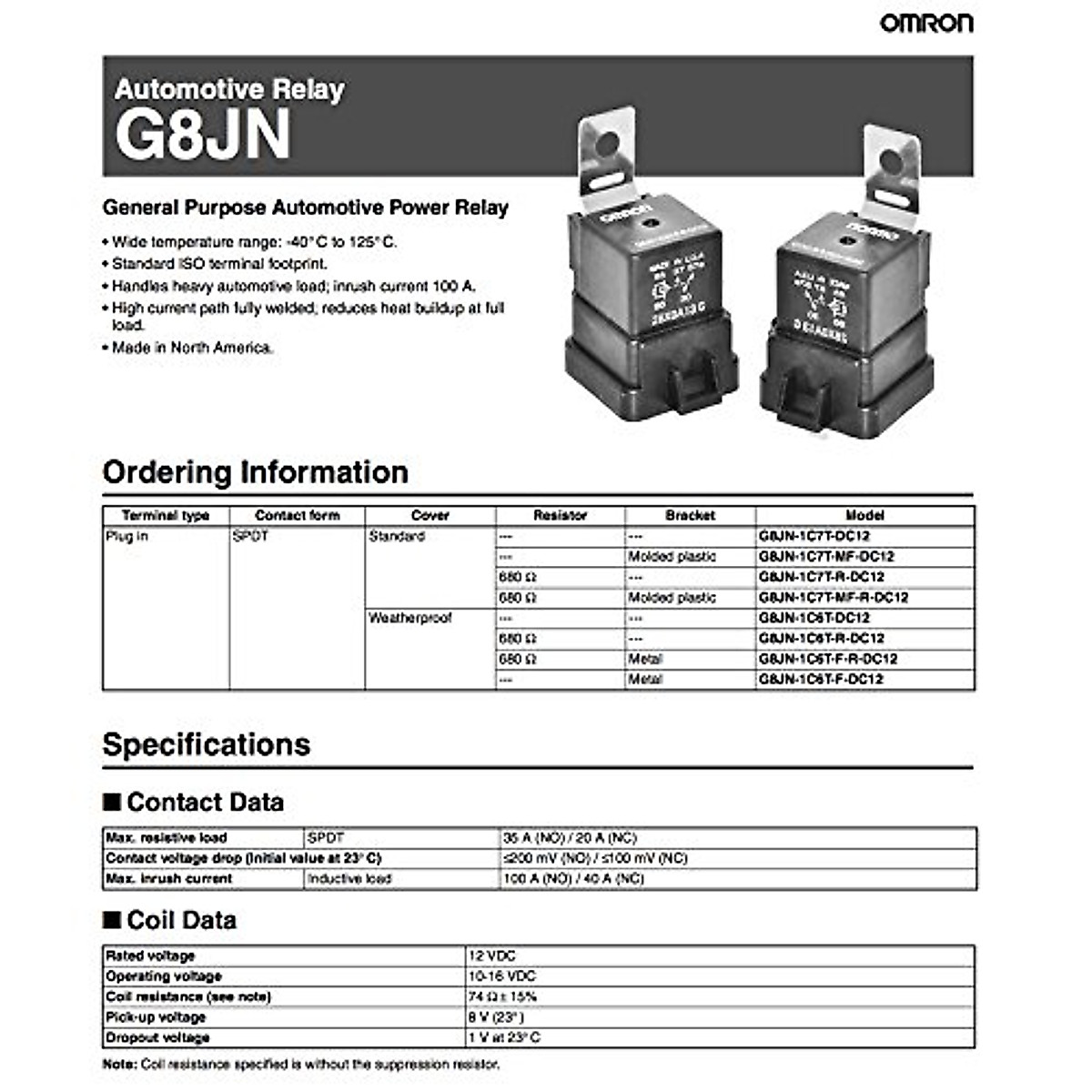 ( One Pair) OMRON Trim Tilt Relay for Outboard Motor American, SPDT, 12 VDC, 40A, G8JN Series, Panel, Quick Connect