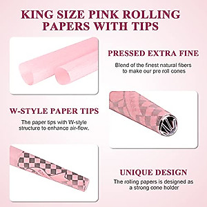 TISFA Pink Pre rolled Cones 60 Pack Rolling Papers King Size Rolling Cones with Tips & Packing Sticks (60 PCS)