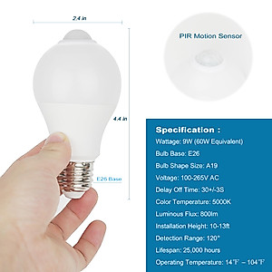 Motion Sensor Light Bulbs for Outdoor Indoor, 9W A19 Motion Detector Led Bulb, 60 Watt Equivalent, E26 800lm 5000K Daylight, Dusk to Dawn Motion Activated Security Lights for outside, Inside (2 Pack)