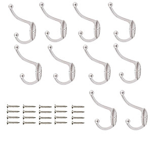 10 Pack Round Head Wall Hooks Coat Hooks, Hooks for Hanging Towels Clothes Robes Double-Prong Wall Mounted Decorative Coat Hanger with 20 pcs Screws (Silver)