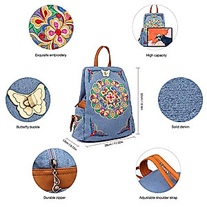 Jursccu Denim Embroidered Floral Canvas Backpacks for Women Anti theft Retro Jeans Travel Ethnic Style Shoulder Bag one-size