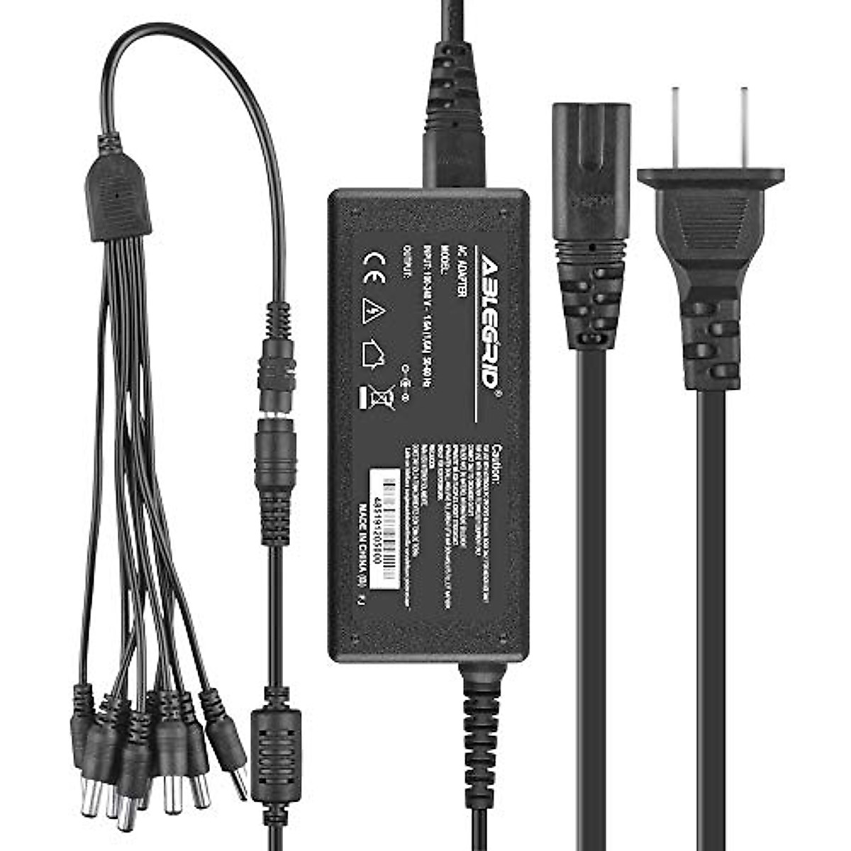 ABLEGRID Charger Compatible with Swann Lorex Q-See Security Camera 12V 5A 60W 2-Prong Plug AC to DC 2.5x5.5mm w/8-Way Power Splitter Cable Power Supply for CCTV Security Camera DVR, LED Strip Lights