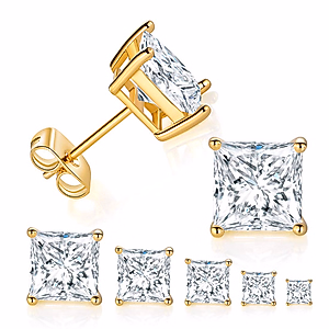 5 Pairs 14K Yellow Gold Plated Princess Cut Clear Cubic Zirconia Stud Earring Set