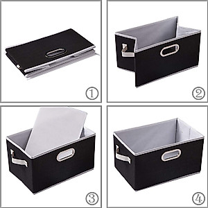 PRANDOM Large Collapsible Storage Bins for Closet [3-Pack] Decorative Fabric Storage Baskets Cubes with Leather/Metal Handles for Shelves Bedroom Living Room Black (14.9x9.8x8.3 Inch)