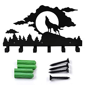 Kathy Wall Mounted Coat Hook Wolf Moon Cloud Animal Design Cute Metal Heavy Hooks Bathroom Entryway, Black