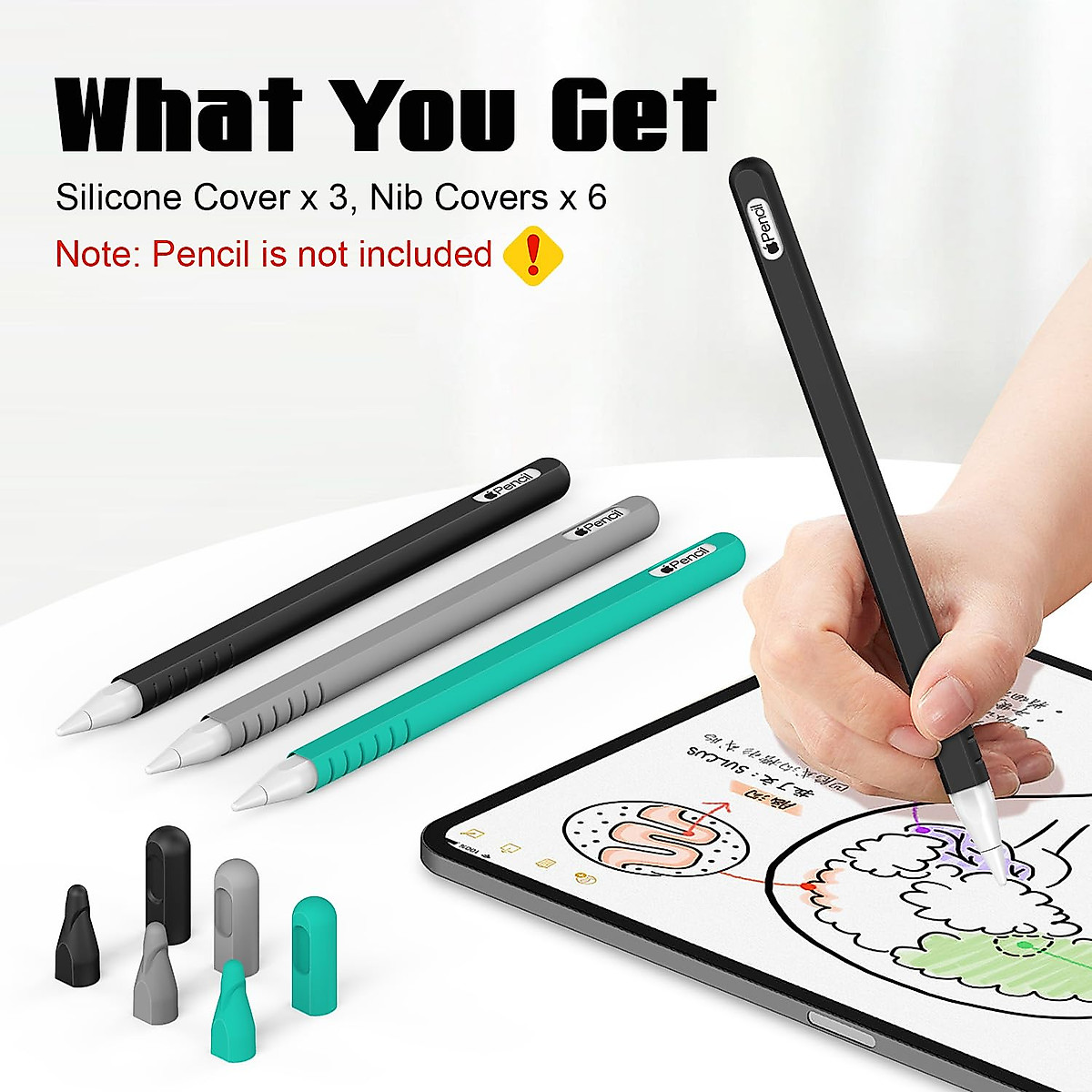 Laviitp 3 Pack Case for Apple Pencil Pro 2024 & 2nd Generation: Protective Cover Sleeve Accessories for iPencil 2nd Gen w/ 6 Nibs Cover Silicone Grip Skin for iPad Pencil, Black+Grey +Green