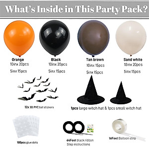 Halloween Balloon Garland Kit 124Pcs Orange Black Sand White Brown Balloons Arch with Wizard Hat 3D Bat Sticker Decoration Set for BOO Halloween Party Decorations