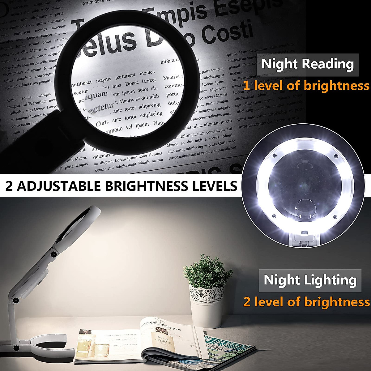 30X 10X Magnifying Glass with Light and Stand, Foldable Handheld Magnifying Glass & 2 level Dimmable for Close Work, Powered by Battery or USB