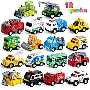 JOYIN 18 Piece Pull Back City Cars and Trucks Toy Vehicles Set Model Car, Friction Powered Die-Cast Cars for Toddlers, Boys, and Girls’ Educational Play, Easter Basket Stuffers Egg Fillers