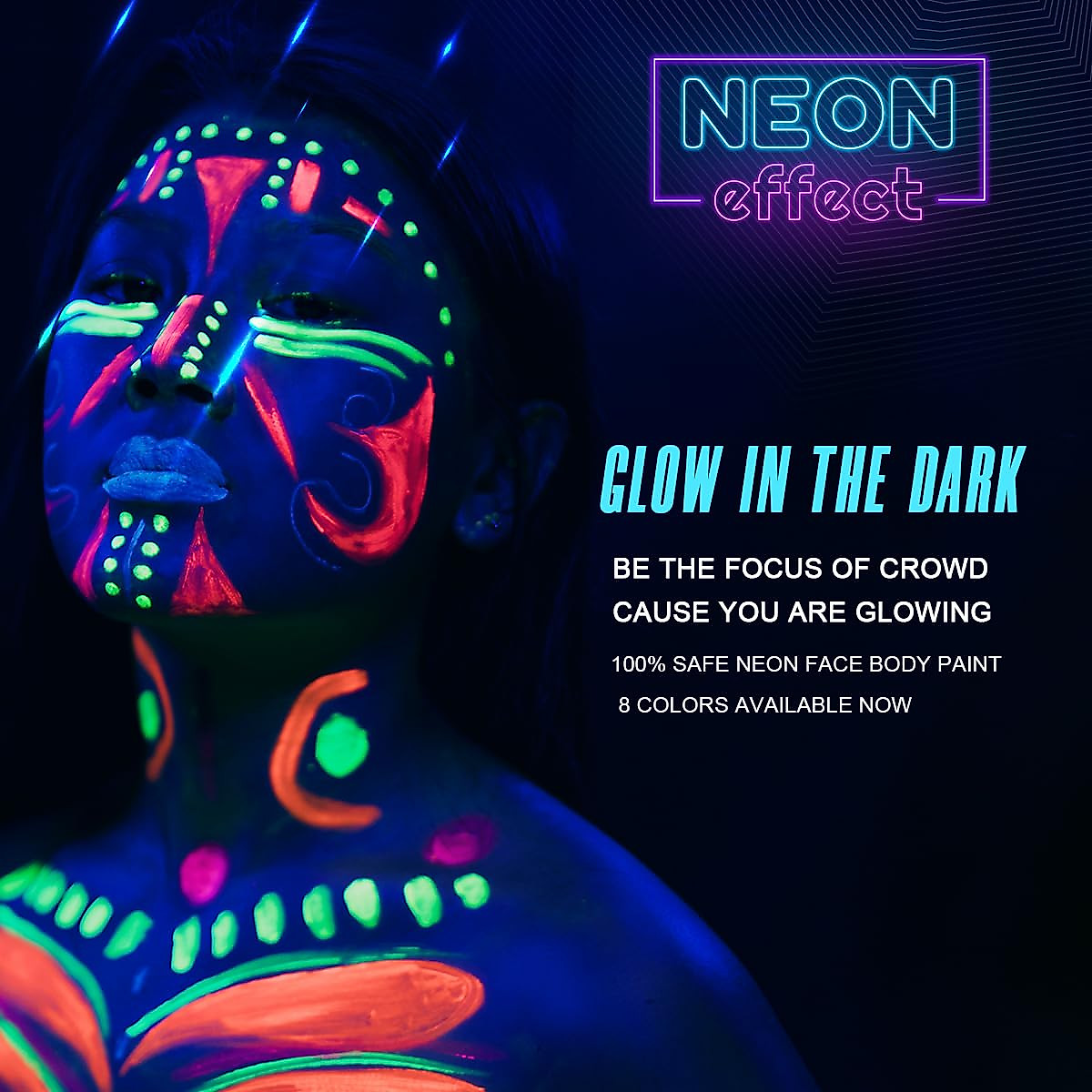 Bowitzki UV Neon Face and Body Paint 8 x 30ml (1.0 fl oz) Liquid Large Kit Black Light Glow in the Dark Makeup Set Fluorescent Painting for Adults Kids Music Festivals Party Halloween Christmas