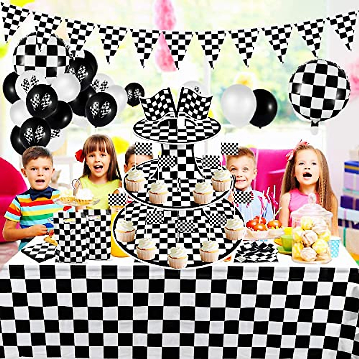 3-Tier Racing Car Theme Cardboard Cupcake Stand/Tower Black and White Checkered Cupcake Stand,24Pcs Racing Flag Cupcake Toppers,Racing Car Party Supplies Black and White Checkered Birthday Party Decor