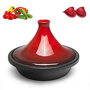 Thickened Cast Iron Tagine Pot, with Gloves Potholder, for Different Cooking Styles and Temperature Settings, Enameled Tajine, Oven Safe Dish Clay / 27cm / Red
