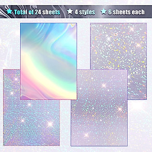 24 Sheets Holographic Sticker Paper Vinyl Printable Sticker Paper Transparent Holographic Self Adhesive Sticker Holographic Rainbow Waterproof Film for Stickers, A4 Size, 8.25 x 11.7 Inches