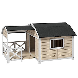 PawHut Wooden Dog House Outdoor with Porch, Raised Pet Kennel for Medium Large Dogs, with Asphalt Roof, Front Door, Side Windows, Gray