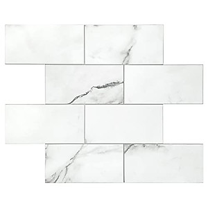 The Tiles Plaza Subway Backsplash Tile Peel and Stick, White Stone Self Adhesive Tiles, Stick on Marble Wall Tile for Kitchen, Bathroom, Fireplace. 12 x 12 Inch 10 Sheets