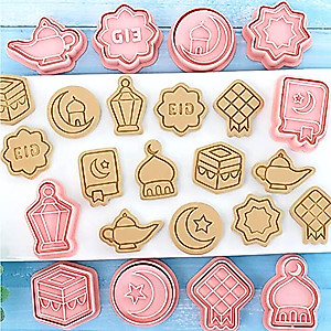 Eid Mubarak Cookie Cutters 10 Pieces Plastic Cookie Cutter Set for Baking -Mosque,Lantern,Anise Star,Church,Koran Book, Fasting Room,Moon and Stars,Malay Dumplings and More