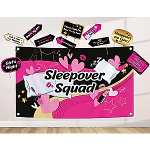 Slumber Party Decoration Kit - Includes Photography Backdrop & 10 Studio Selfie Photo Booth Props with Sticks - Sleepover Squad Pajama Girl Theme Studio Background Supplies