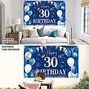 60th Birthday Banner Backdrop,BTZO Happy 60th Birthday Decorations,Blue Silver Fabric Photo Backdrop Background for Men and Women 60th Birthday Party,70.8 x 43.3Inch