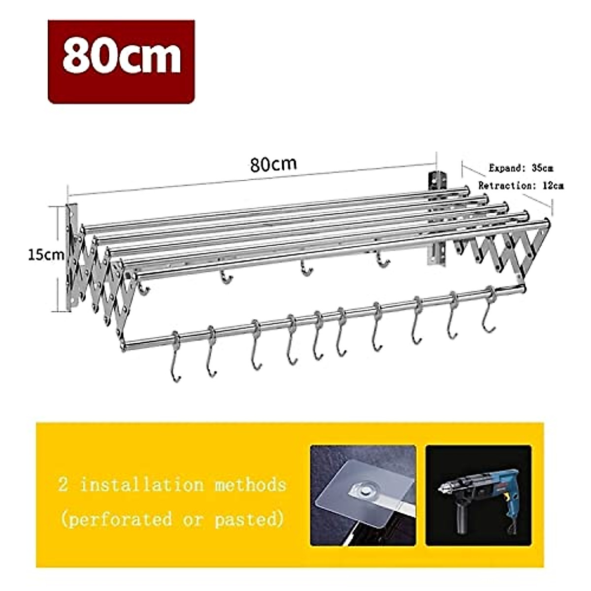 XMCX Wall Mounted Laundry Drying Rack Folding Garment Hanger Clothes Airer Bedroom Clothing Rack Easy Storage Shelf for Socks Bed Linen Side Hooks Easy Storage (Size : 80cm)