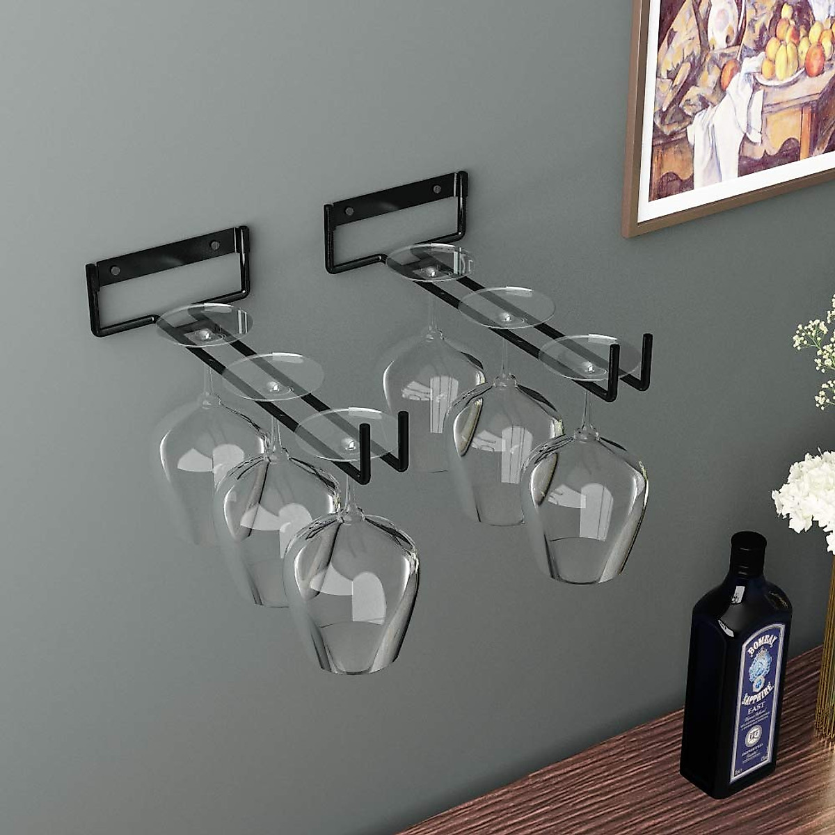 Black goblet holder wine glass holder wall-mounted wine glass storage rack for cabinet kitchen or bar 4-piece set (not including wine glasses (black)