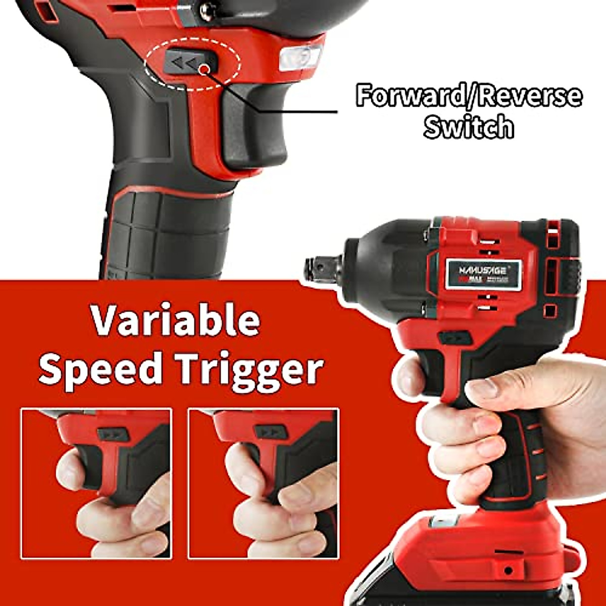 MANUSAGE Cordless Impact Wrench - 20V Max Torque 260 Ft-lbs (350N.m), Brushless Power, 2.0Ah Li-ion Battery & Fast Charger, 5 Sockets Included