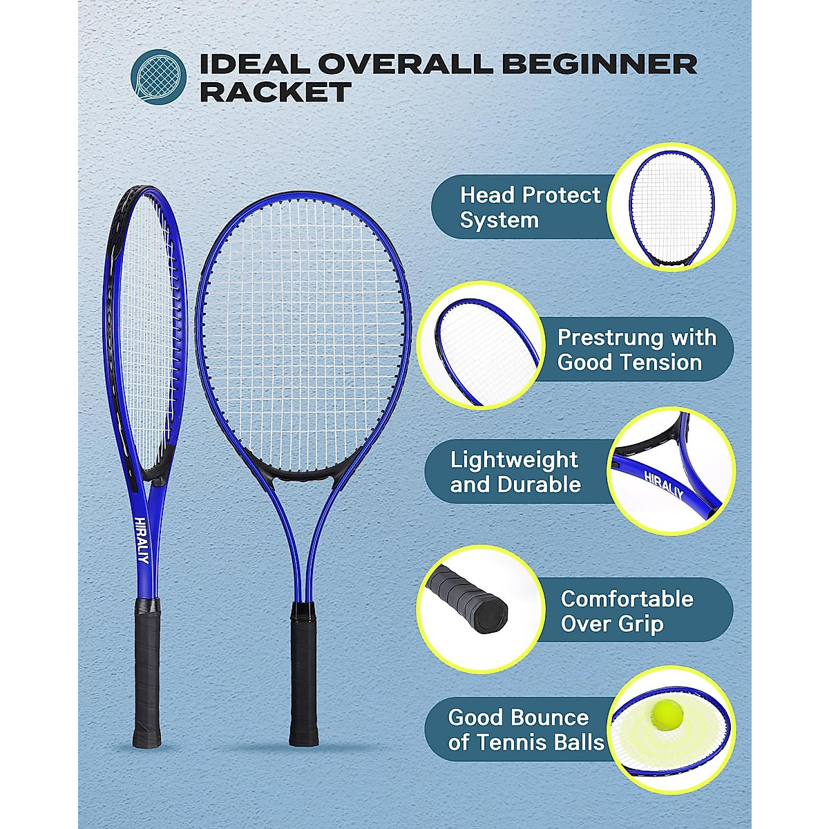 HIRALIY Adult Recreational 2 Players Tennis Rackets,27 Inch Super Lightweight Racquets for Student Training and Beginners, Racket Set Outdoor Games
