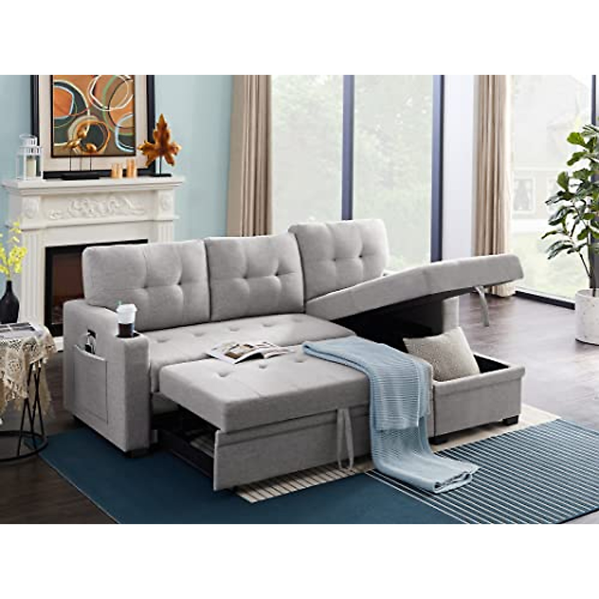 FANYE Linen Upholstery Tufted Sofa&Couch,L-Shaped Corner Reversible Sleeper Sectional Sofa Couch Sofabed w/Storage Chaise,Cupholders, USB Charging Port and Pockets for Living Room Furniture Set