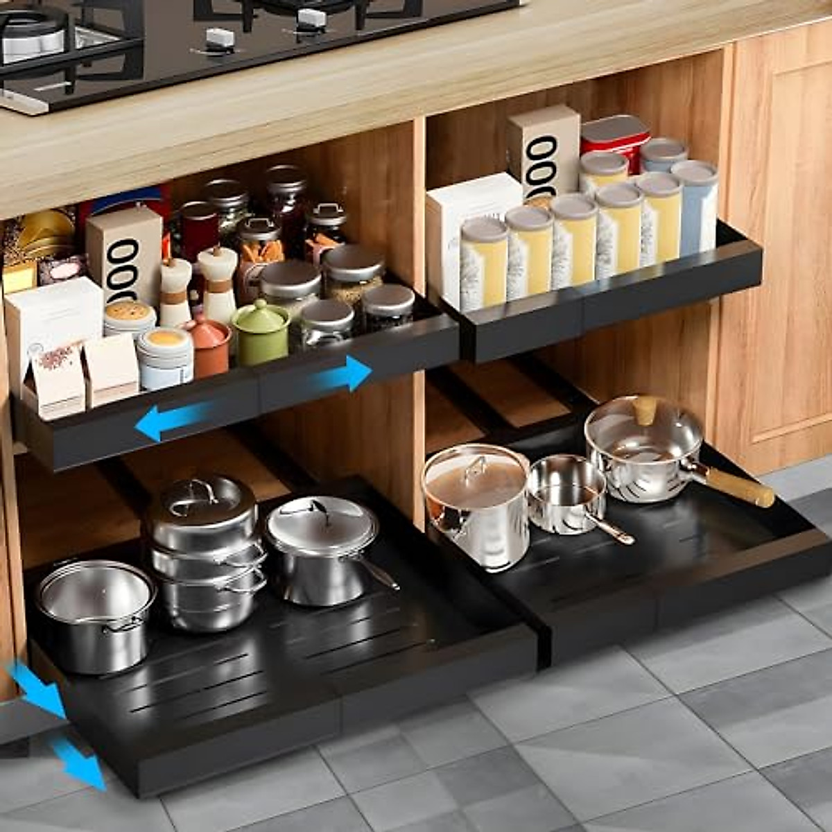 2 Pcs Pull Out Cabinet Organizer, Expandable(12.4"-20.5") Pull Out Drawers for Cabinets Slide Out Drawers for Kitchen Cabinets with Adhesive Nano Film Mounting Adjustable for Kitchen, Pantry (Black)