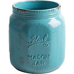MosJos Extra-Large Kitchen Utensil Holder - 7.8” Mason Jar Ceramic Kitchenware Caddy for Farmhouse Kitchen Decor, Dishwasher Safe, Wide Opening Vintage Utensil Crock Countertop Organizer - Aqua