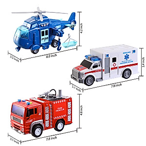 JOYIN 13Pcs Ambulance Toys, City Emergency Truck Toy Set with Fire Truck, Ambulance, Helicopter, Action Figures, Friction Powered Vehicles with Light and Sound, Boys Girls Gifts for 1-8 Years