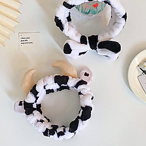 JTQXX Plush Hairhoop - Spa Headband Spotted Cow Horn Bow Shape Hair Band Women Facial Makeup Head Hoop Soft Head Wraps for Shower Washing Face