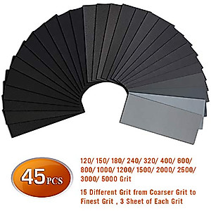 45PCS Sandpaper,Atosun Premium Wet Dry Waterproof Sand Paper, 120 to 5000 Assorted Grit Sanding Paper for Wood Furniture Finishing, Metal Sanding and Automotive Polishing, 9 x 3.6 Inches.(Atosun)