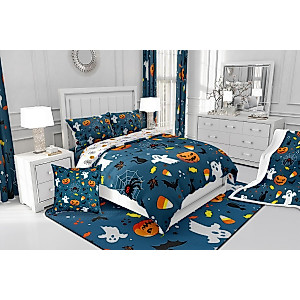 Erosebridal Happy Halloween Bedding Set King Size, Ghost Gothic Style Duvet Cover Pumpkin Candies Comforter Cover for Kids Boys Teens Adult, Spider Bat Reptile Quilt Cover, Dark Blue