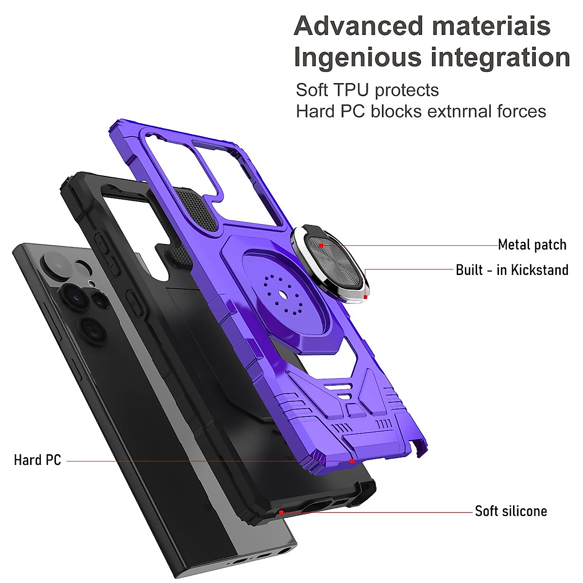 Ailiber for Samsung Galaxy S23 Ultra Cell Phone Case, Samsung S23 Ultra 5G Case with Screen Protector, Ring Kickstand for Magnetic Car Mount, Rugged Shockproof Heavy Duty Cover Case-Purple