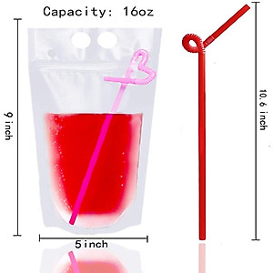 150 Pcs Zipper Plastic Pouches Drink Bags,Juice Pouches Heavy Duty Hand-Held Translucent Reclosable Stand-up Bag with 150 pcs Individual Package Straws & Funnel Included