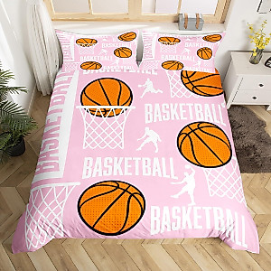 Feelyou Basketball Bedding Set Queen Basketball Lover Comforter Cover Set for Kids Teens Adults Pink Duvet Cover Sport Bedspread Cover Room Decor 3Pcs with 2 Pillow Case