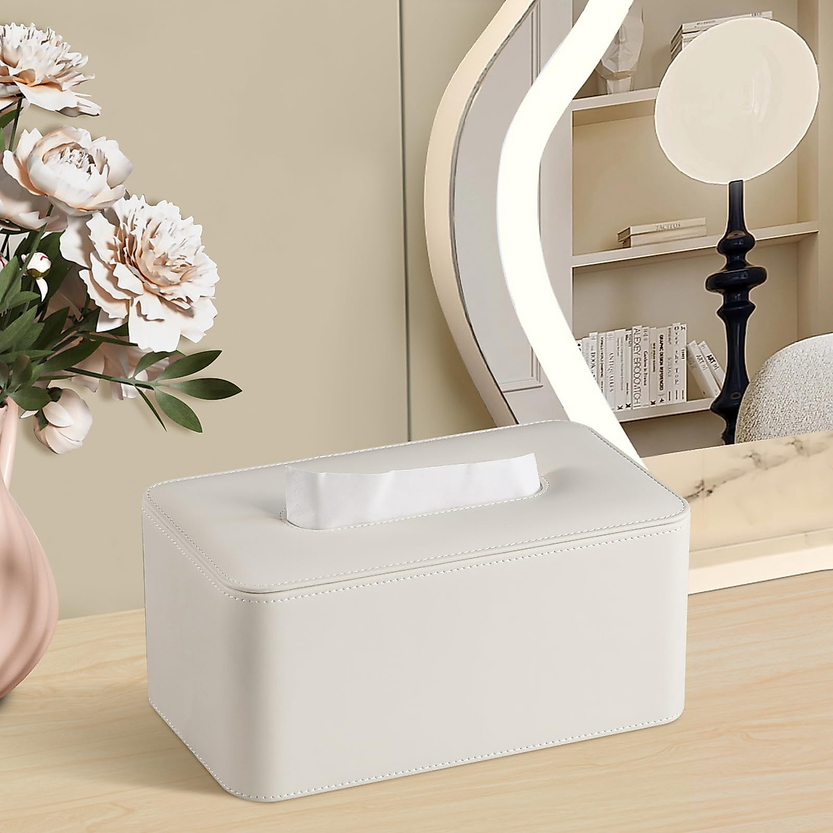 MEIBOOCH PU Leather Tissue Box Cover with Magnetic Closure, Square Rectangular Tissue Box Holder with Rounded Edges Design (Creamy White, Rectangular)