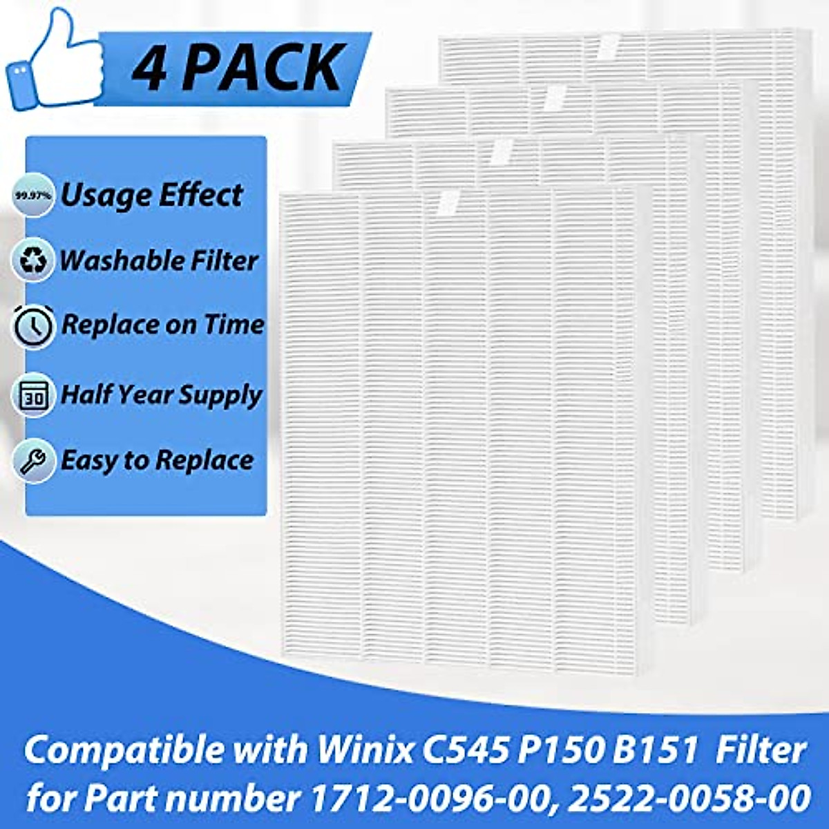 RONGJU C545 Filter for Winix C545 Replacement Filter, Compatible with Winix C545 Filter S, Compare to Part Number 1712-0096-00, 2522-0058-00, 4 PACK Filter Only