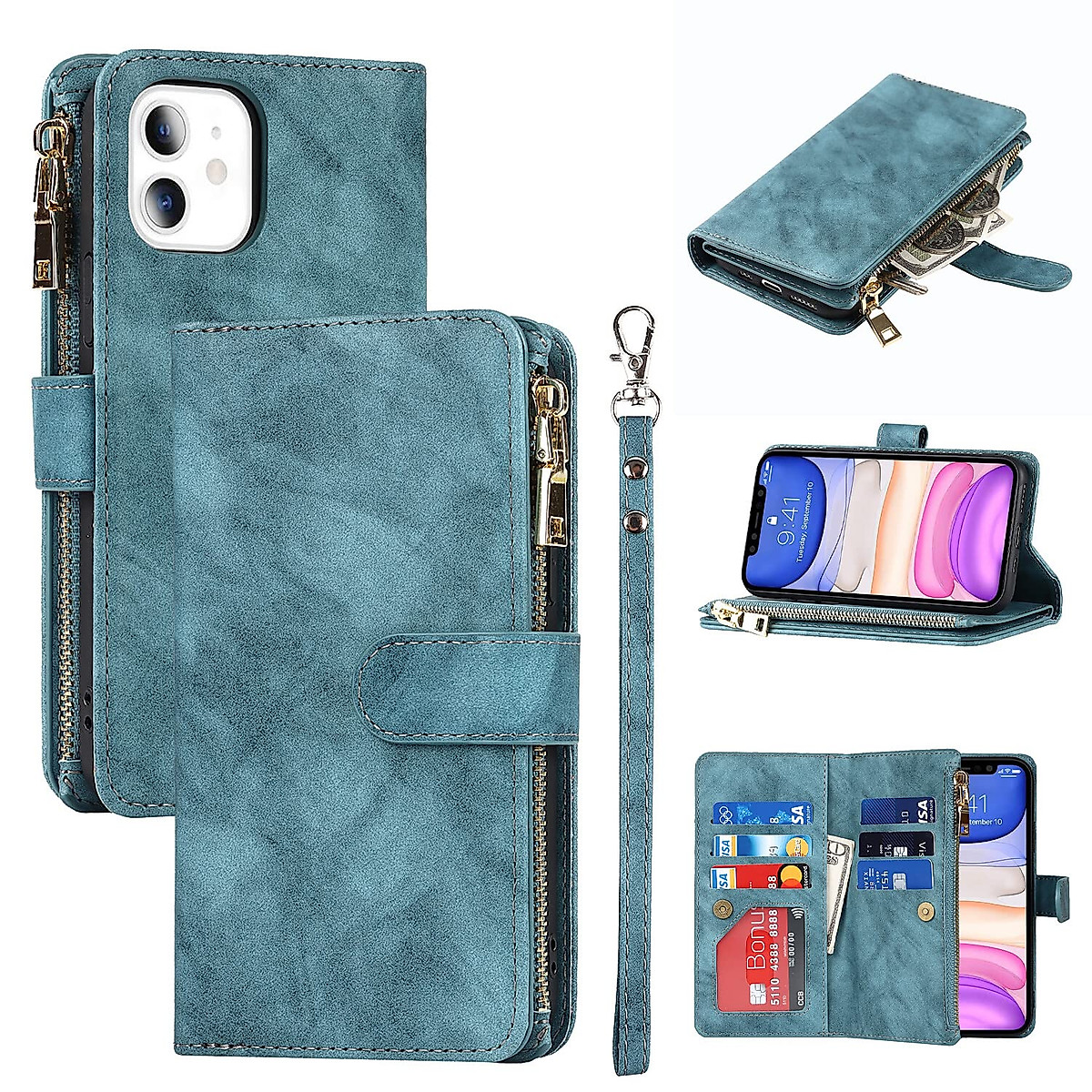 YuHii for iPhone 11 Case with Card Holder iPhone 11 Wallet Case for Women magnetic leather Flip Folio Zipper Cover with Credit Holder-Blue