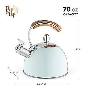 Pinky Up Presley Tea Kettle, Stovetop Stainless Steel Kettle, Whistling, Tea Accessory gifts, Fast Boil Water Kettle, Wooden Handle, 70 oz, Pistachio