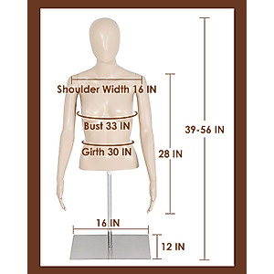 Female Mannequin Torso Dress Form Sewing Manikin 39-56 Inch Height Adjustable Dress Model Mannequin Display Head Dress Mannequin Clothing Form Metal Base Stand